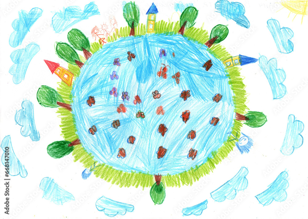 Child drawing of multicultural children holding hands around the world ...