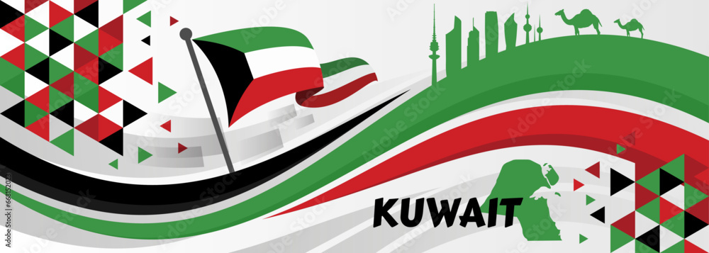 Kuwait national day banner with its name in Arabic calligraphy. Kuwaiti ...