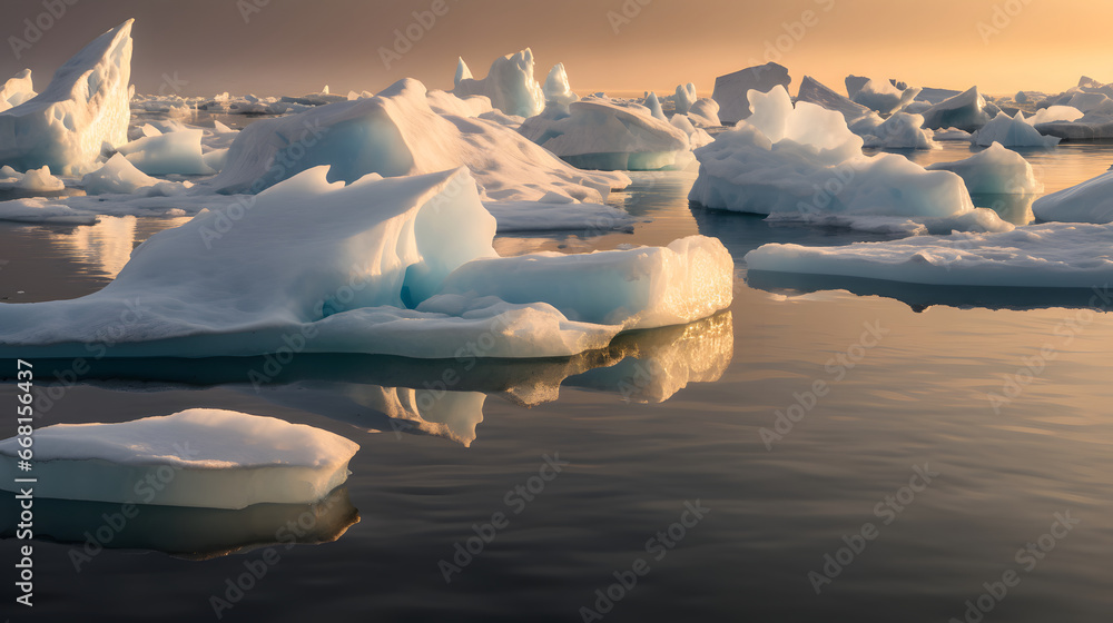 Icebergs gently traverse the cold, calm ocean. Under a cloudless ...