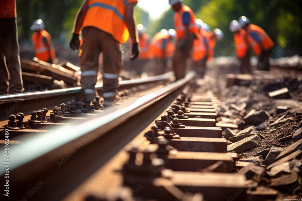 Workers carry out repair work tightening bolts on the street ...