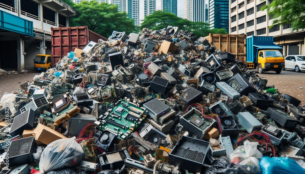 Heaps of computer hardware components amidst city trash, indicating end ...