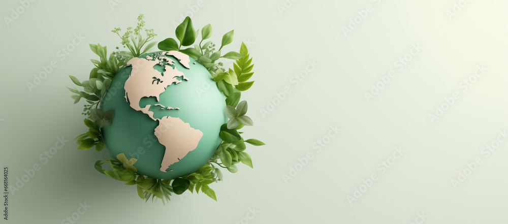 Paper earth globe surrounded by green foliage, symbol of environmental ...
