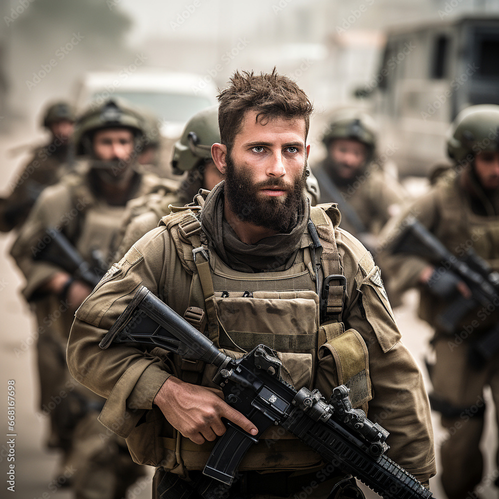 Israeli army soldiers in full armor. War Palestine and Israel ...