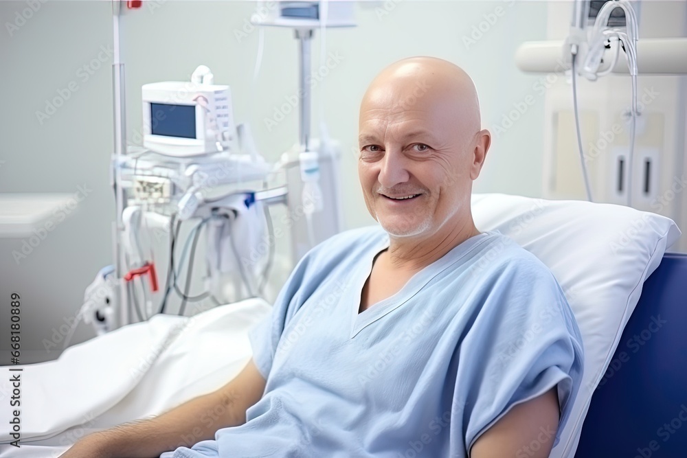 He will win! Cancer and chemotherapy. Smiling middle aged man in the ...
