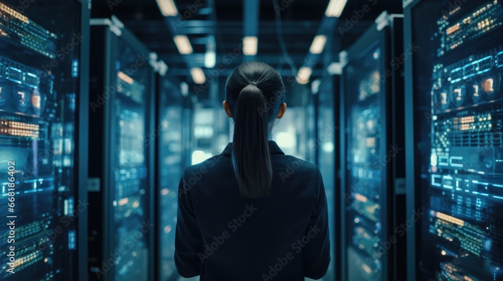 Back view of successful female data center IT specialist. System ...
