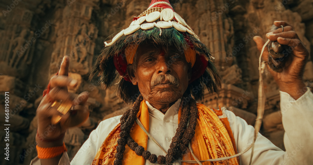 Authentic Portrait of an Old Indian Man in Traditional Attire Playing ...