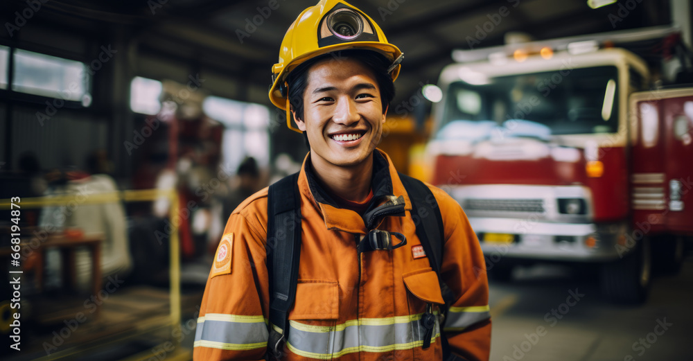 Firefighter portrait on duty. Photo of happy Asian fireman with gas ...