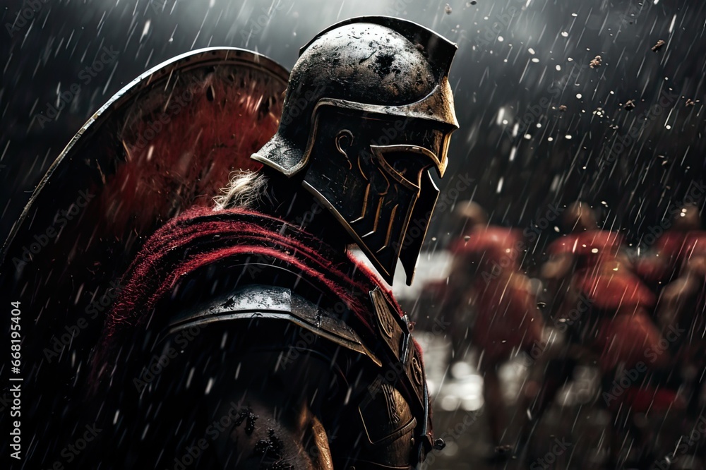 Spartan soldier from profile in the battlefield. Falling rain. Stock ...