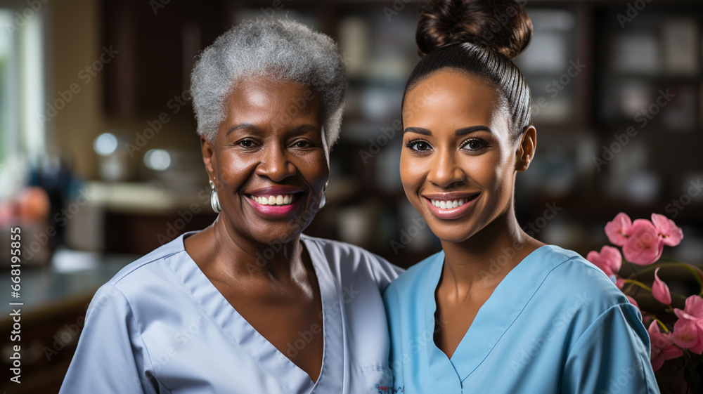 Nurses of different ages smiling at their work. Two generations of ...