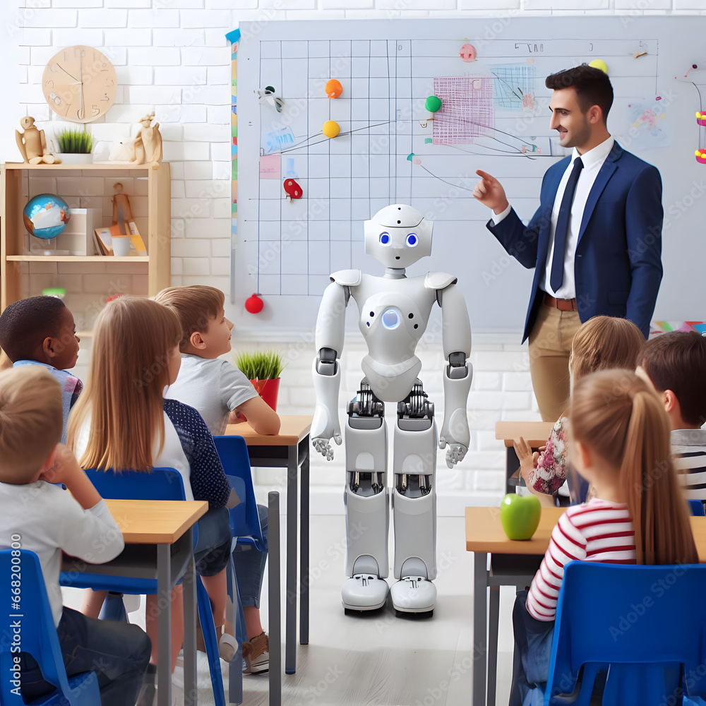 AI humanoid robot teaching kids in the classroom Stock Illustration ...