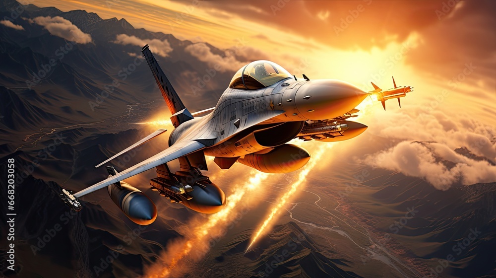 Launching missiles from fighter jet over dark sky Stock Photo | Adobe Stock