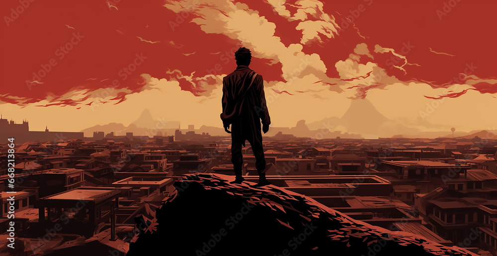 Fantasy super hero warrior stand on the top of a city view in sunset ...