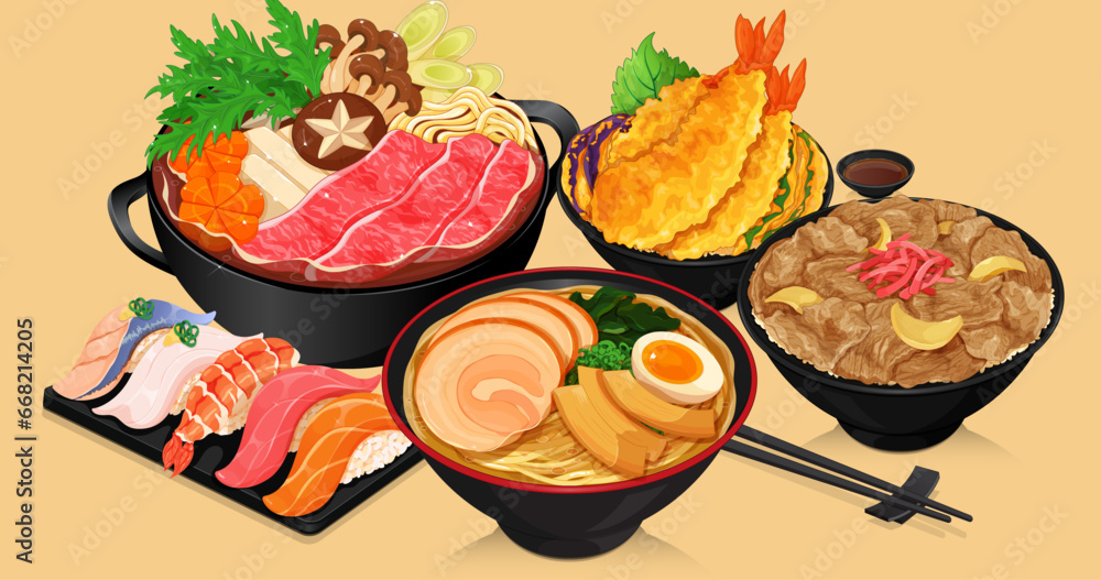 Japanese street food restaurant illustration vector. Japanese food menu ...