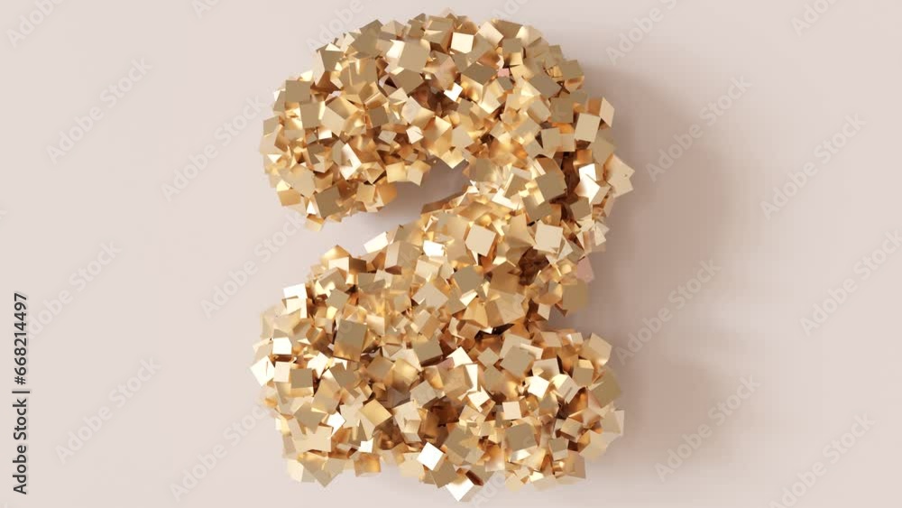 Golden, animated number two on beige background. Sparkling symbol 2 ...