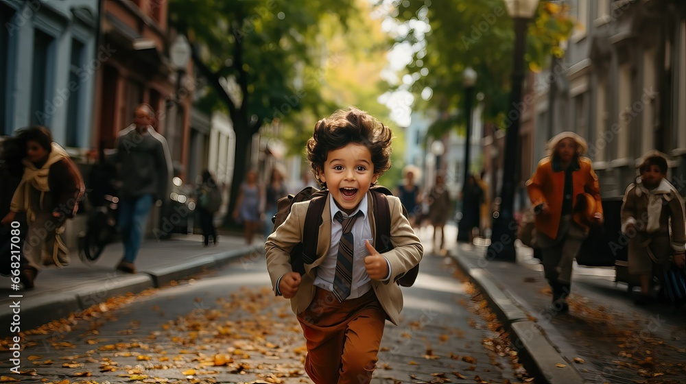 Excited Young Schoolboy of Diverse Ethnicity Running Happily with a ...