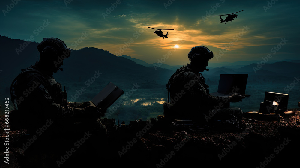 Silhouettes of soldiers using drone and laptop for military operation ...