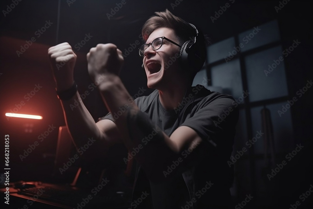 Professional eSports male gamer rejoices in the victory in gaming room ...