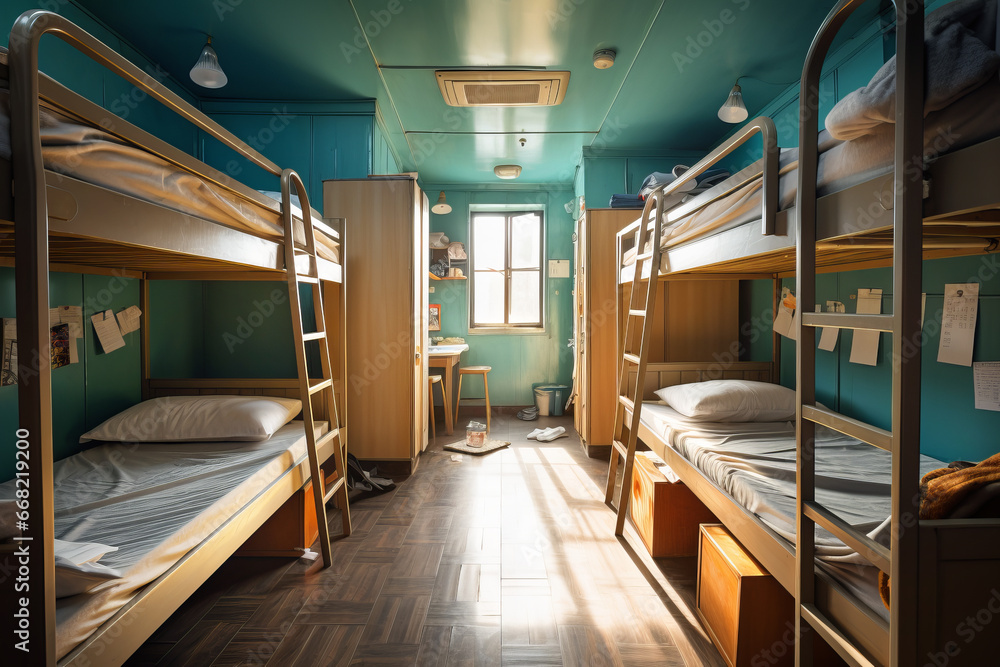 Hostel dormitory beds arranged in dorm room with white plain bunk bed ...