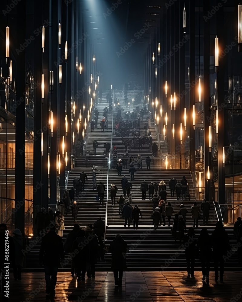 business office building entrance corridor step stair with crowd ...