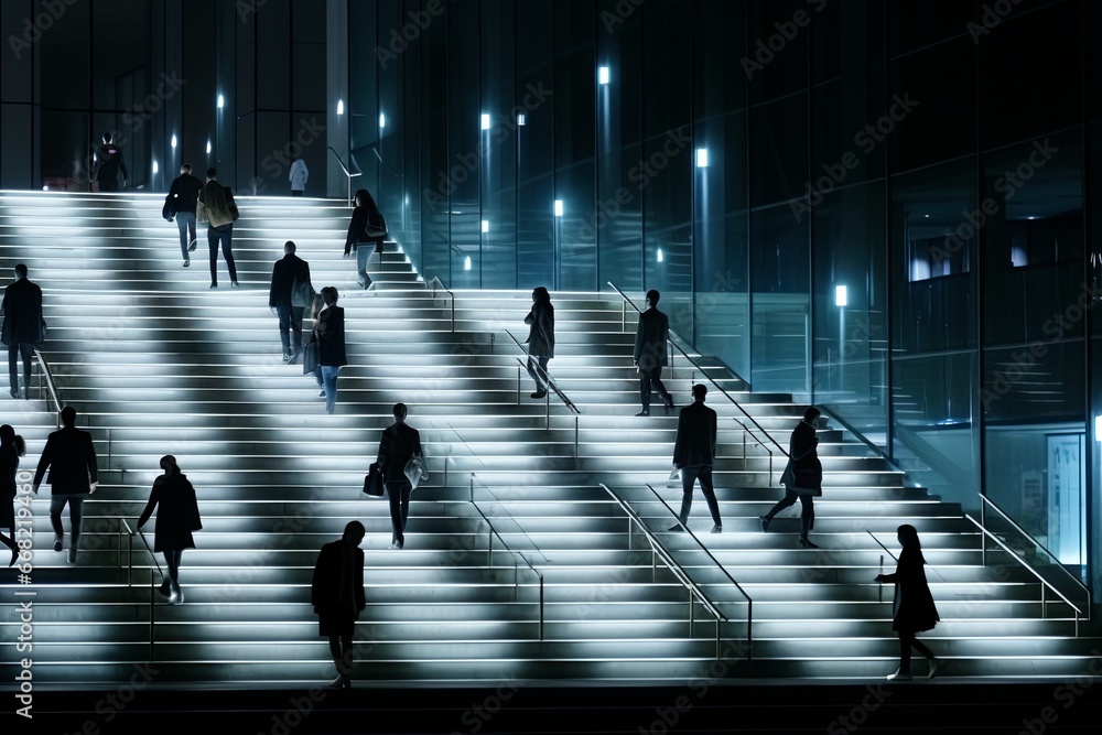 business office building entrance corridor step stair with crowd ...