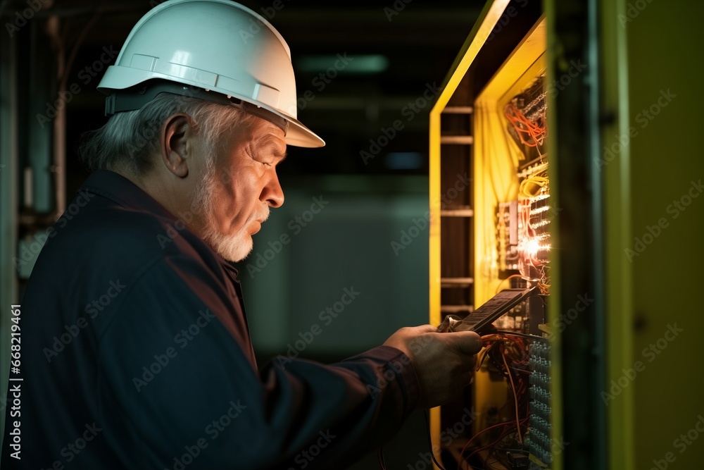 elderly Man Electrician engineer check tester measuring voltage current ...
