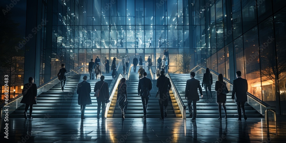 business office building entrance corridor step stair with crowd ...