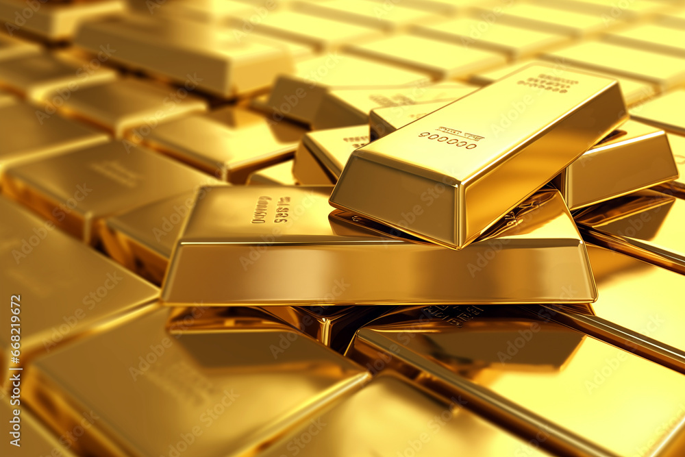 Gold bars Gold ingot, bullion gold, bank vault, stacked image. close up ...