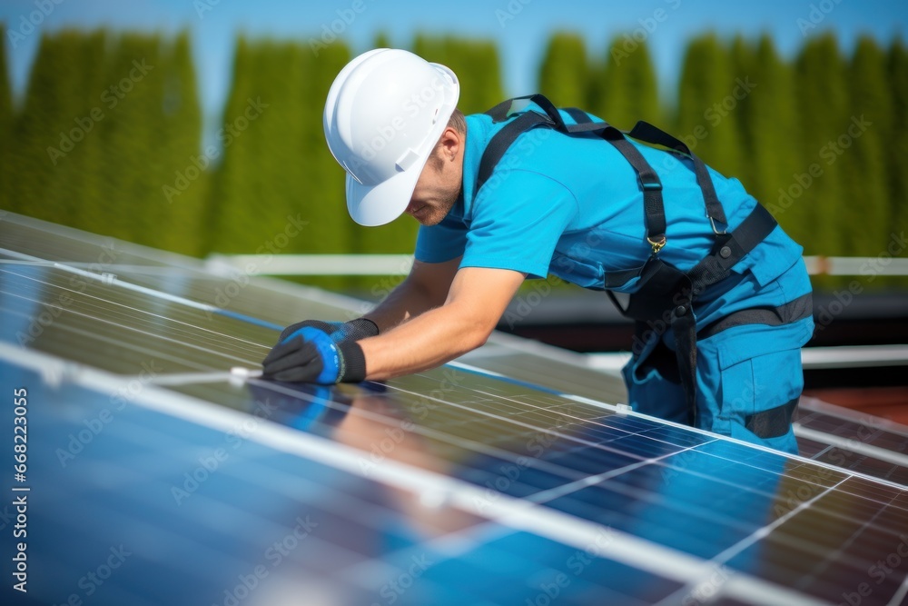 Photo of a male engineer install and connect a solar panel system ...