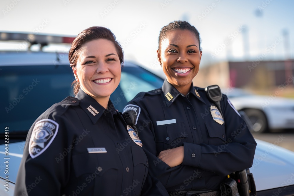 Female African American police officer and white police officer stand ...