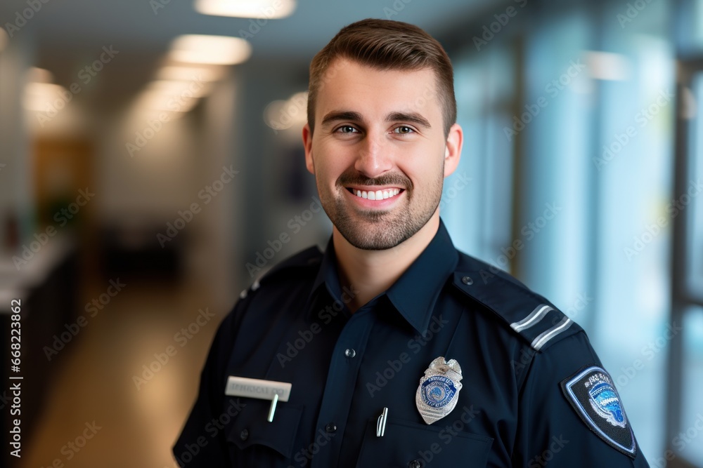 Portrait of Caucasian male man cop demonstrating dedicated smiling ...