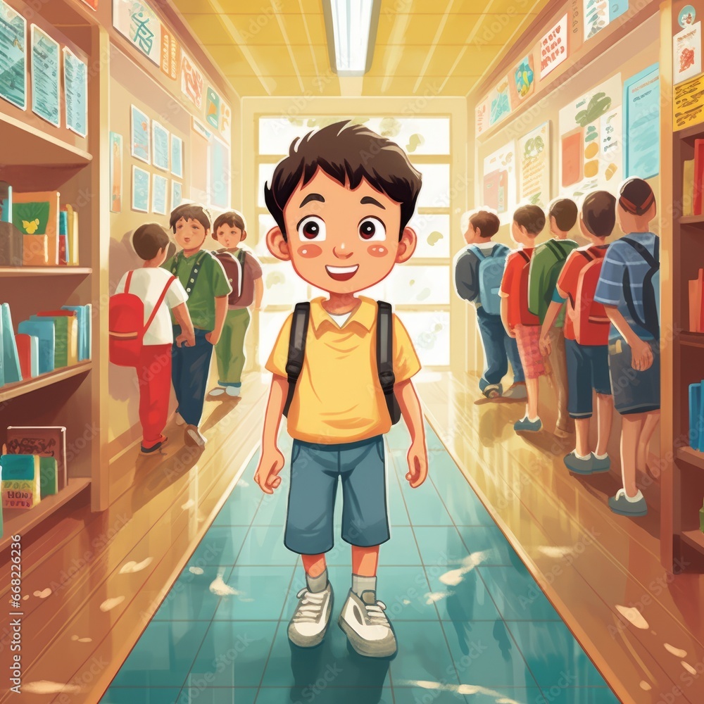 Happy boy walking in a crowded school corridor with a backpack ...