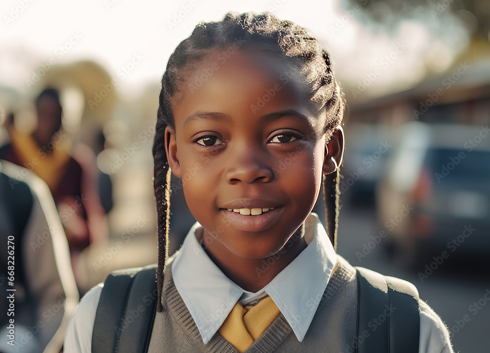 Happy African American schoolgirl standing in front of a school ...