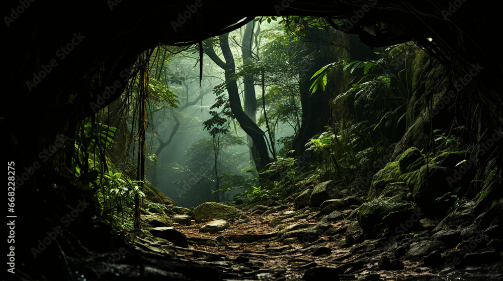 A hidden cave entrance partially obscured by lush jungle foliage ...