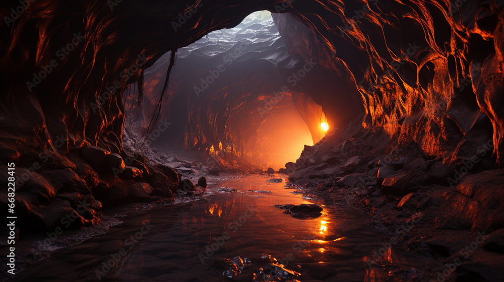 A glowing lava tube cave, where the fiery red glow of molten lava flows ...