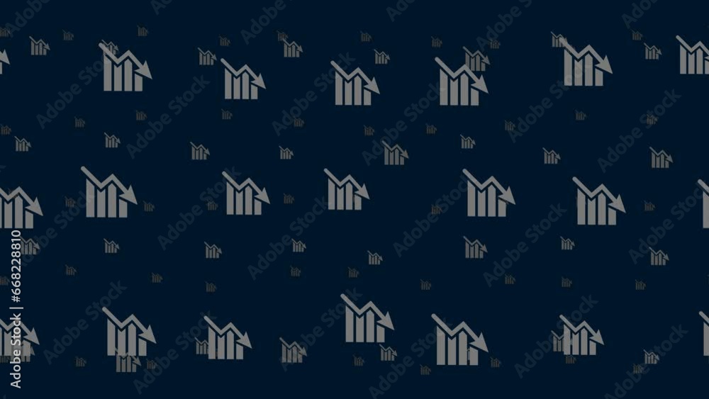 Chart down symbols float horizontally from left to right. Parallax fly effect. Floating symbols ...
