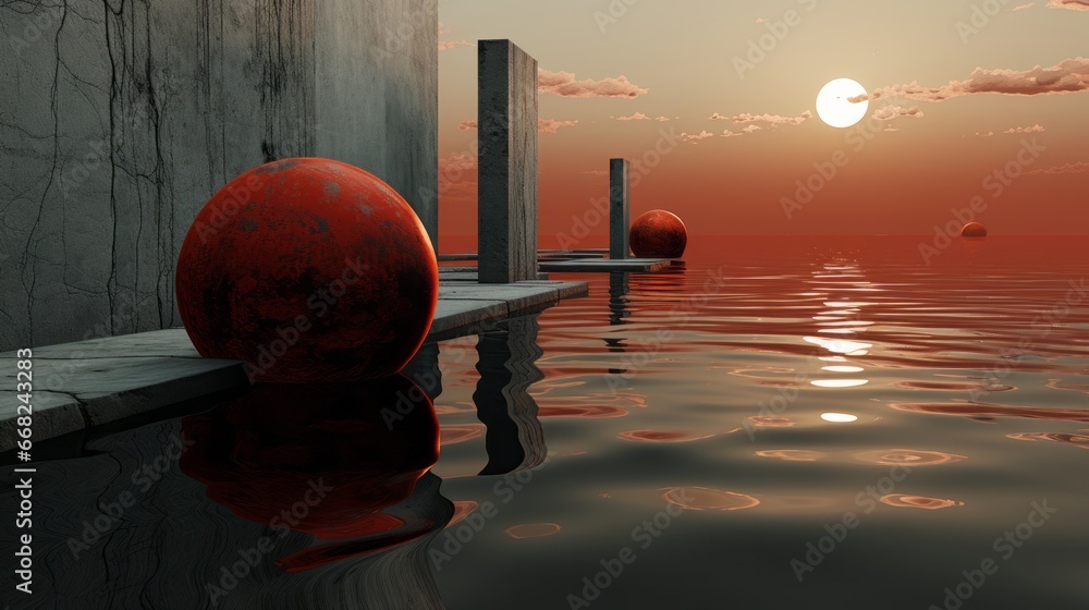 As fiery red sun sinks below horizon, its reflection dances on serene ...