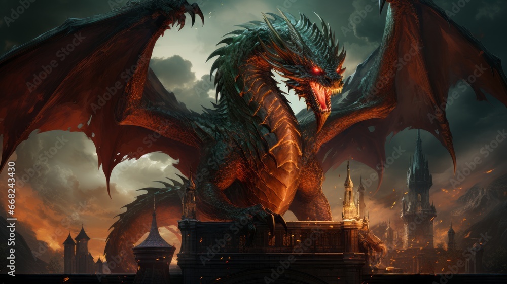 A magnificent dragon soars through the vibrant sky, captured in a image ...