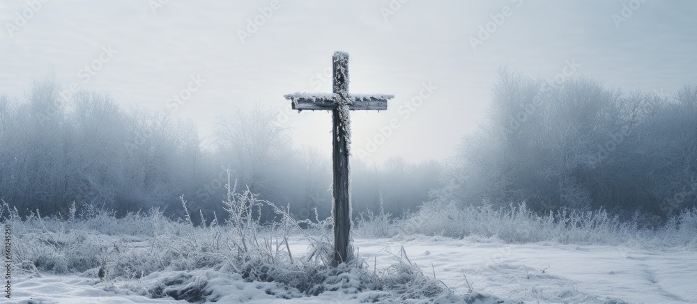 Christian symbol of crucifixion on wayside cross in winter Stock Photo ...