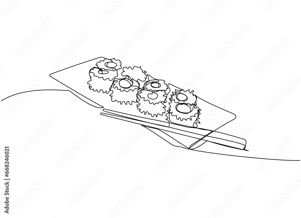 Sushi set, uramaki on sushi slate plate with chopsticks one line art ...