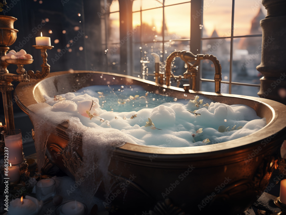 Einzigartige freistehende Badewanne mit viel Schaum und Wasser platscht ...