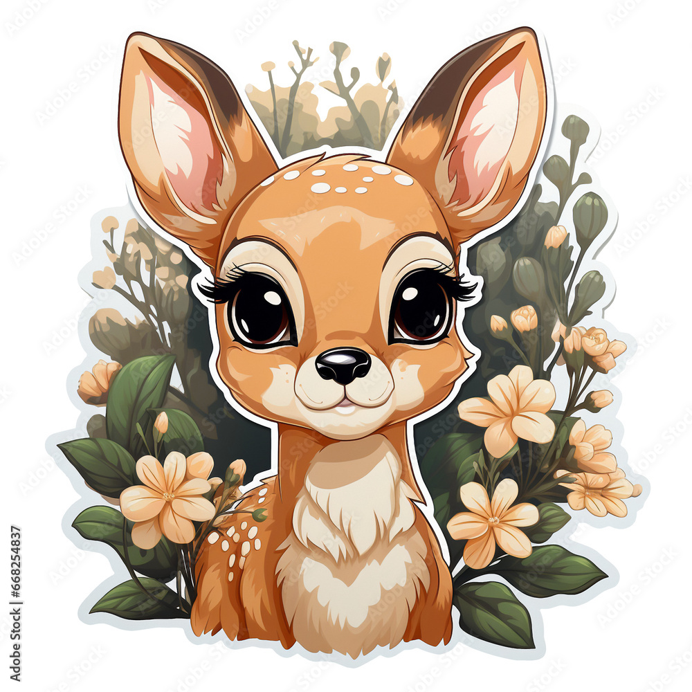 Cartoon sticker on transparent background,small fawn deer graceful with ...