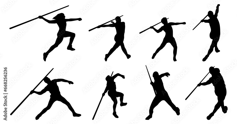 set of silhouette of athlete javelin throw pose bundle. isolated on a ...