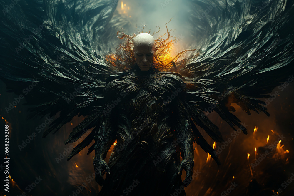 Picture made with generative AI of male strong demon with huge wings ...