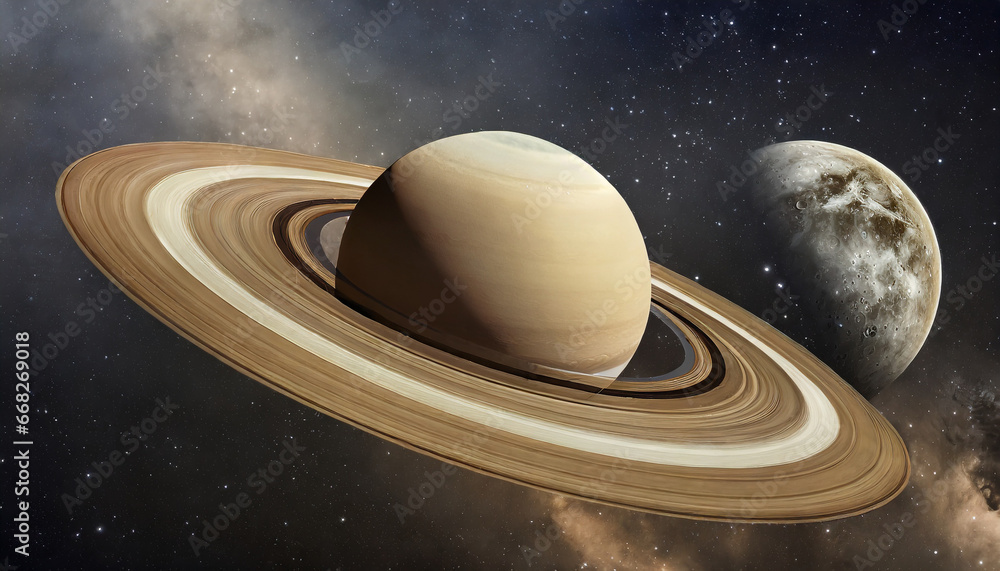 saturn planet with rings in outer space among star dust and srars titan ...