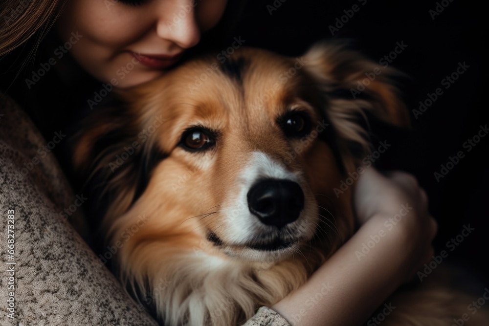 A person woman giving a warm hug to a furry friend dog corgi Pembroke ...