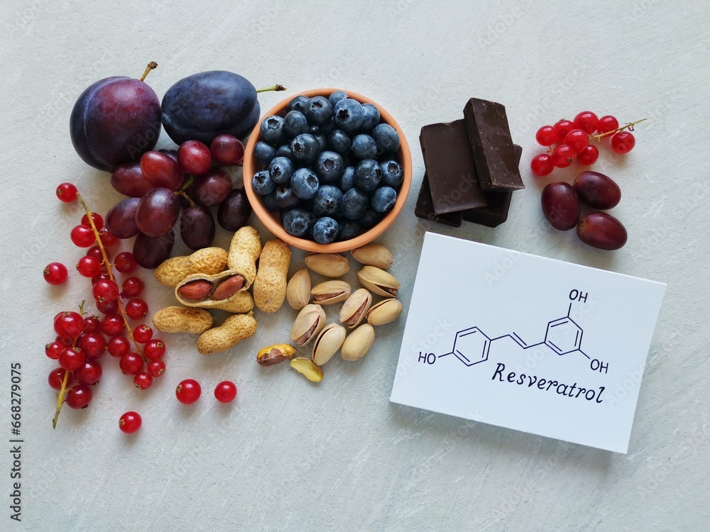 Food rich in resveratrol with structural chemical formula of ...