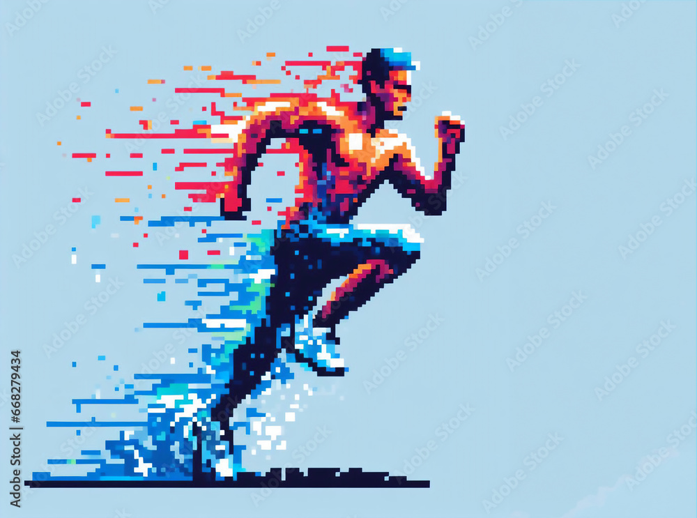 A vibrant vector graphic showcasing pixel art of a man engulfed in ...