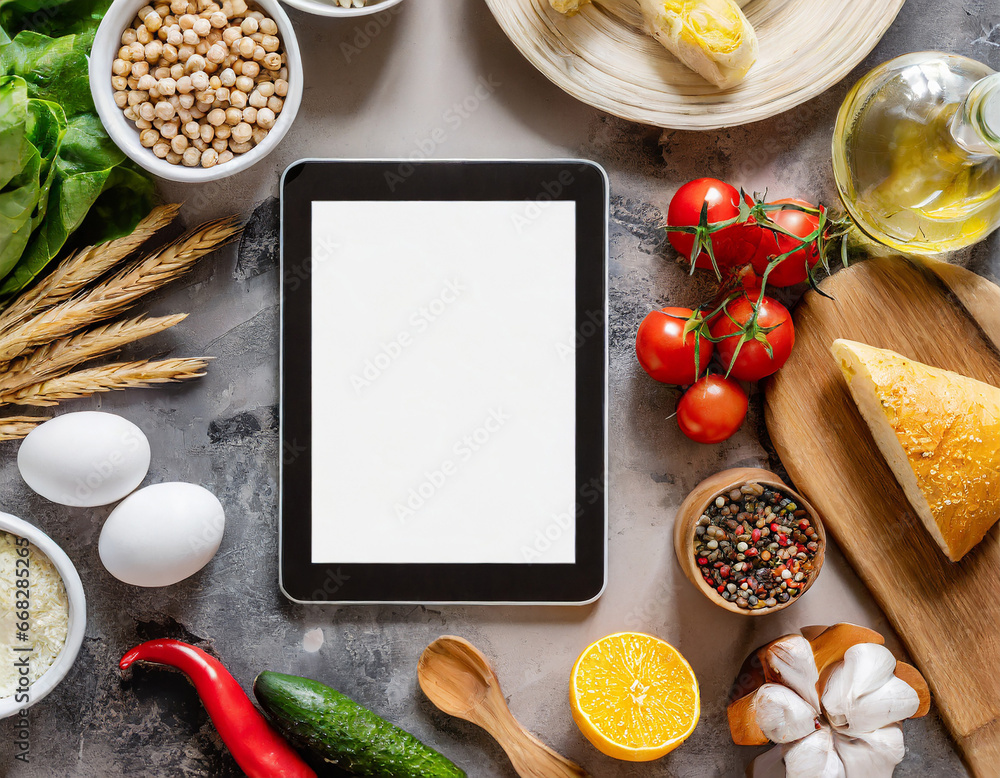 Tablet computer with mock up white screen in kitchen with food flat lay ...