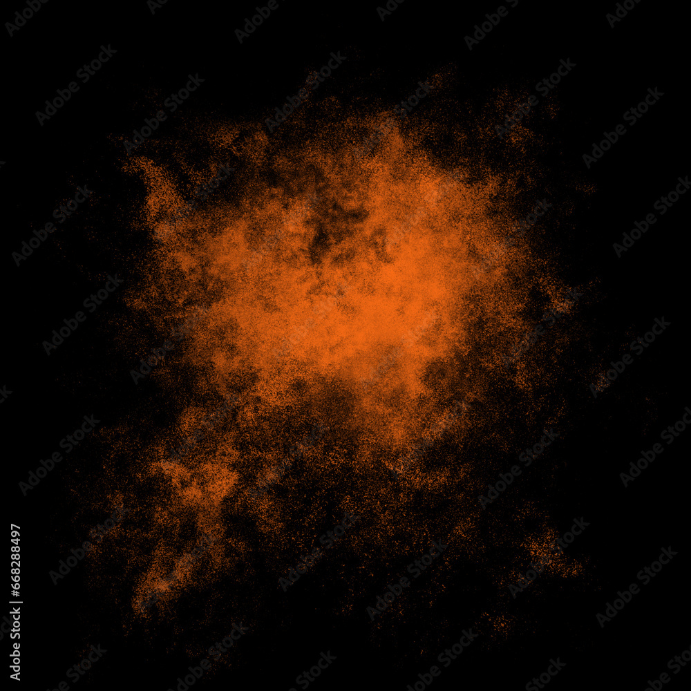 Orange color powder explosion isolated on black background. Royalty ...
