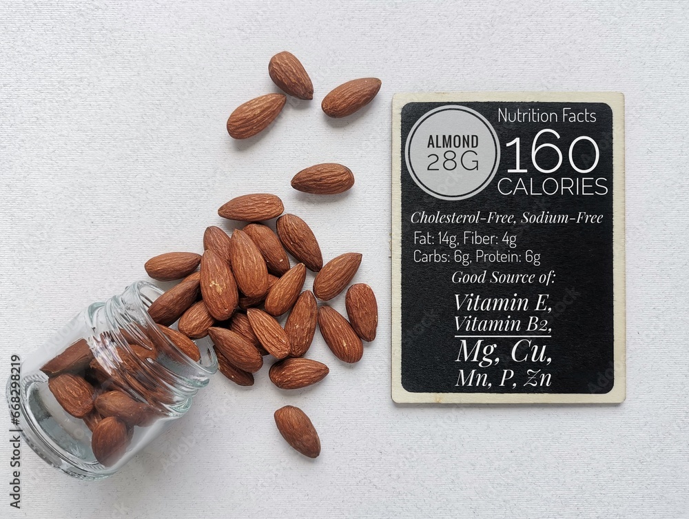 Nutrition facts of almond. Almond nutritional value with overturned ...